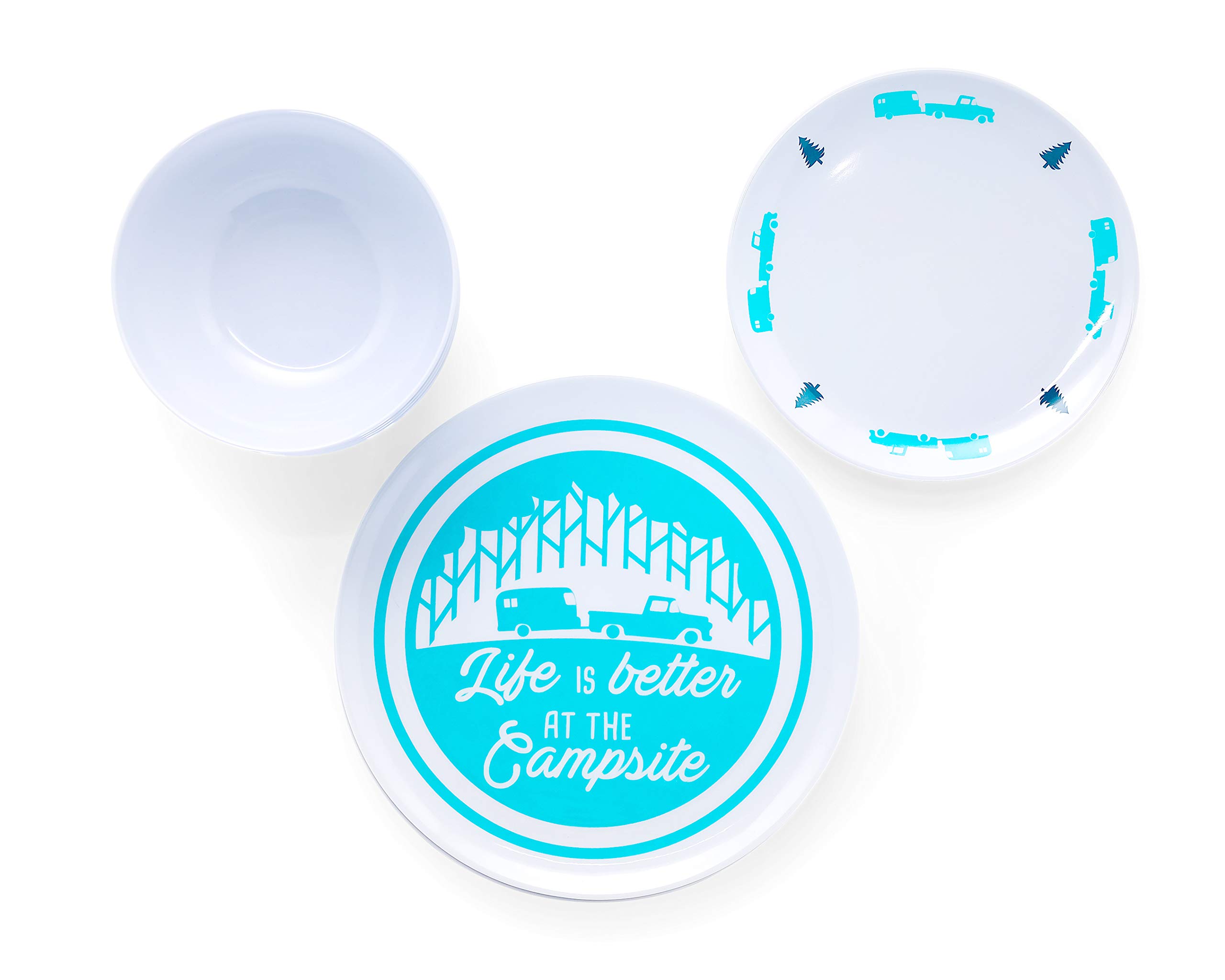 Camco Life is Better at The Campsite Dishware Set | Includes (4) Large Dinner Plates, (4) Small Salad Plates and (4) Bowls | Top Rack Dishwasher Safe | Blue Tree and Truck Design (53294)