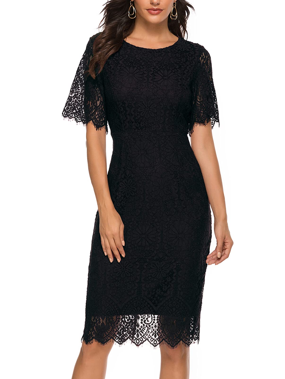 MEROKEETY Women's Short Sleeve Lace Floral Cocktail Dress Crew Neck Knee Length for Party, ShortBlack, Medium