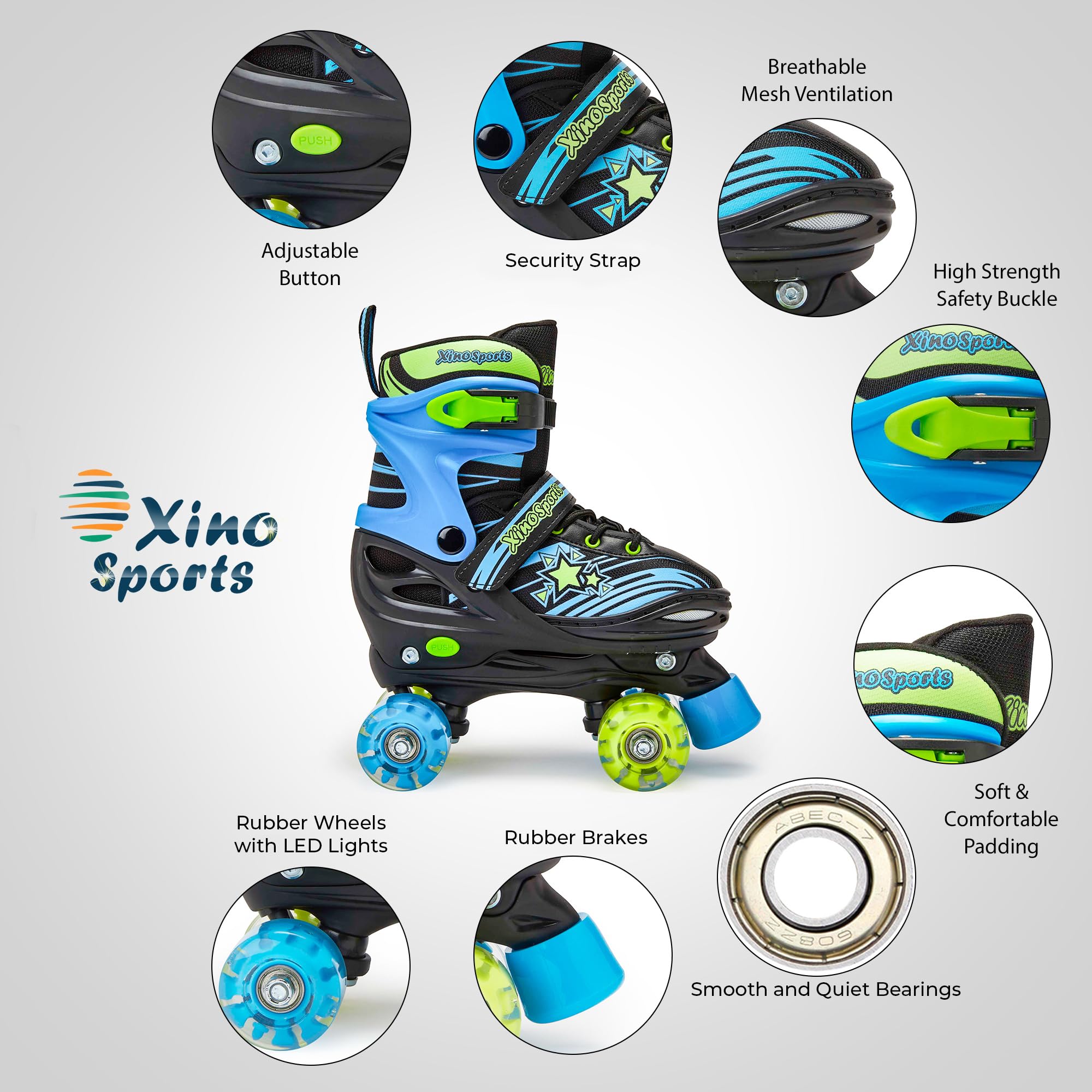 Xino Sports Kids Roller Skates for Boys & Girls - Light Up Wheels (Ages 5-20) - Adjustable Roller Skates with Illuminating Wheels (Black, Large 5-8)