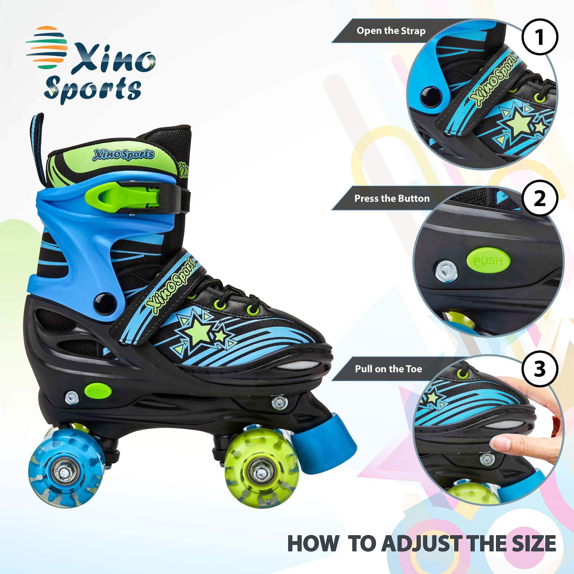 Xino Sports Kids Roller Skates for Boys & Girls - Light Up Wheels (Ages 5-20) - Adjustable Roller Skates with Illuminating Wheels (Black, Large 5-8)