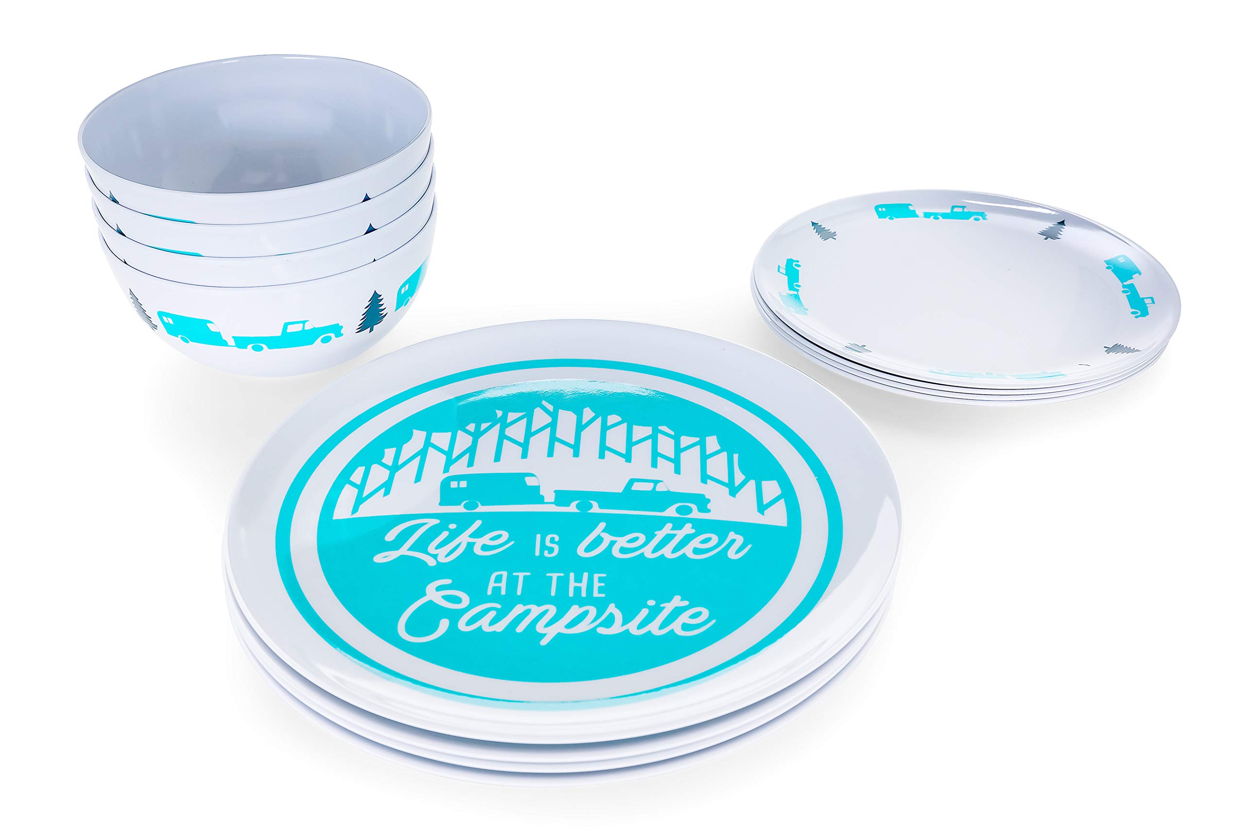 Camco Life is Better at The Campsite Dishware Set | Includes (4) Large Dinner Plates, (4) Small Salad Plates and (4) Bowls | Top Rack Dishwasher Safe | Blue Tree and Truck Design (53294)