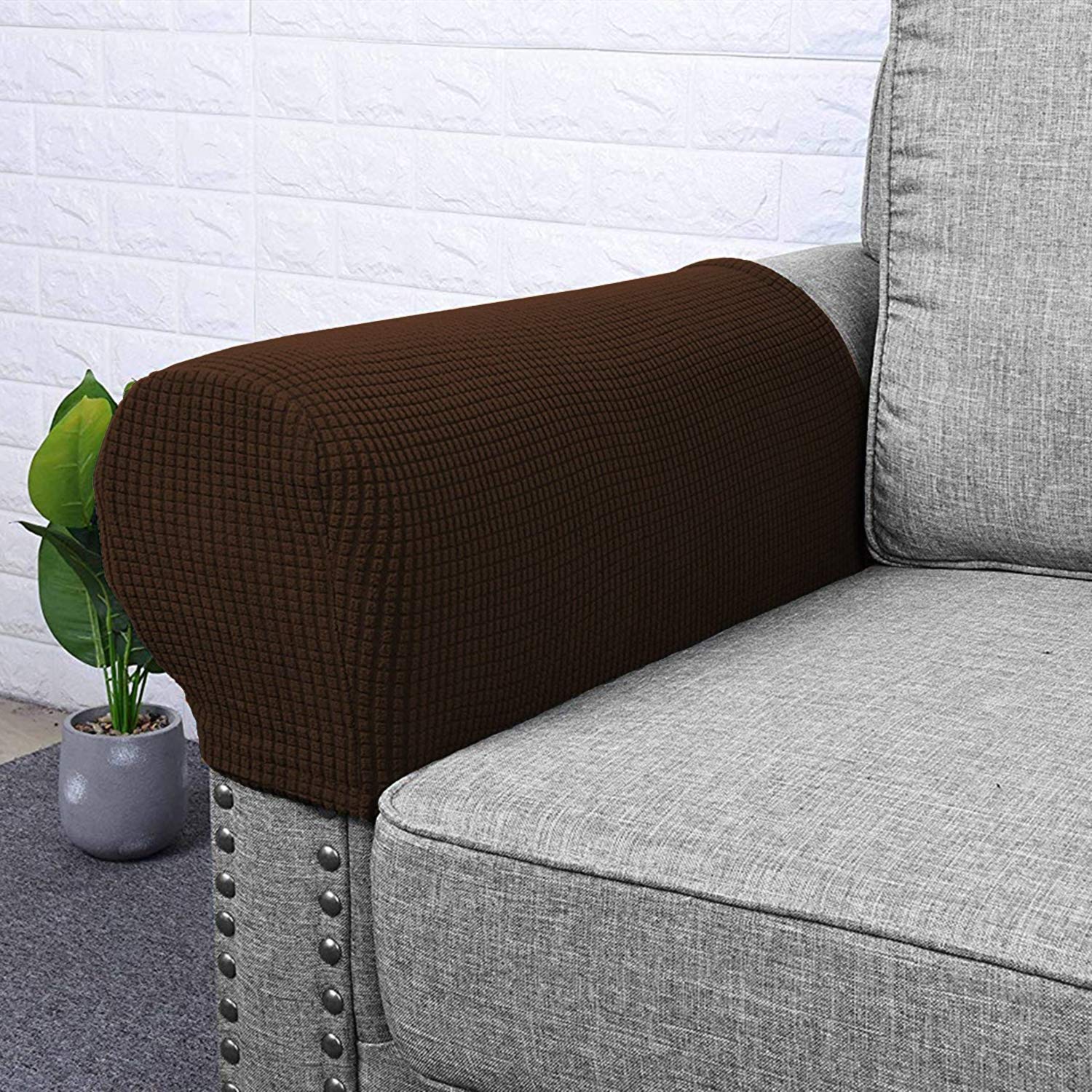 NC HOME Anti-Slip Waterproof Stretch Fabric Armrest Covers Furniture Protector Armchair Slipcovers for Recliner Sofa with Twist Pins, Set of 2 (Chocolate)