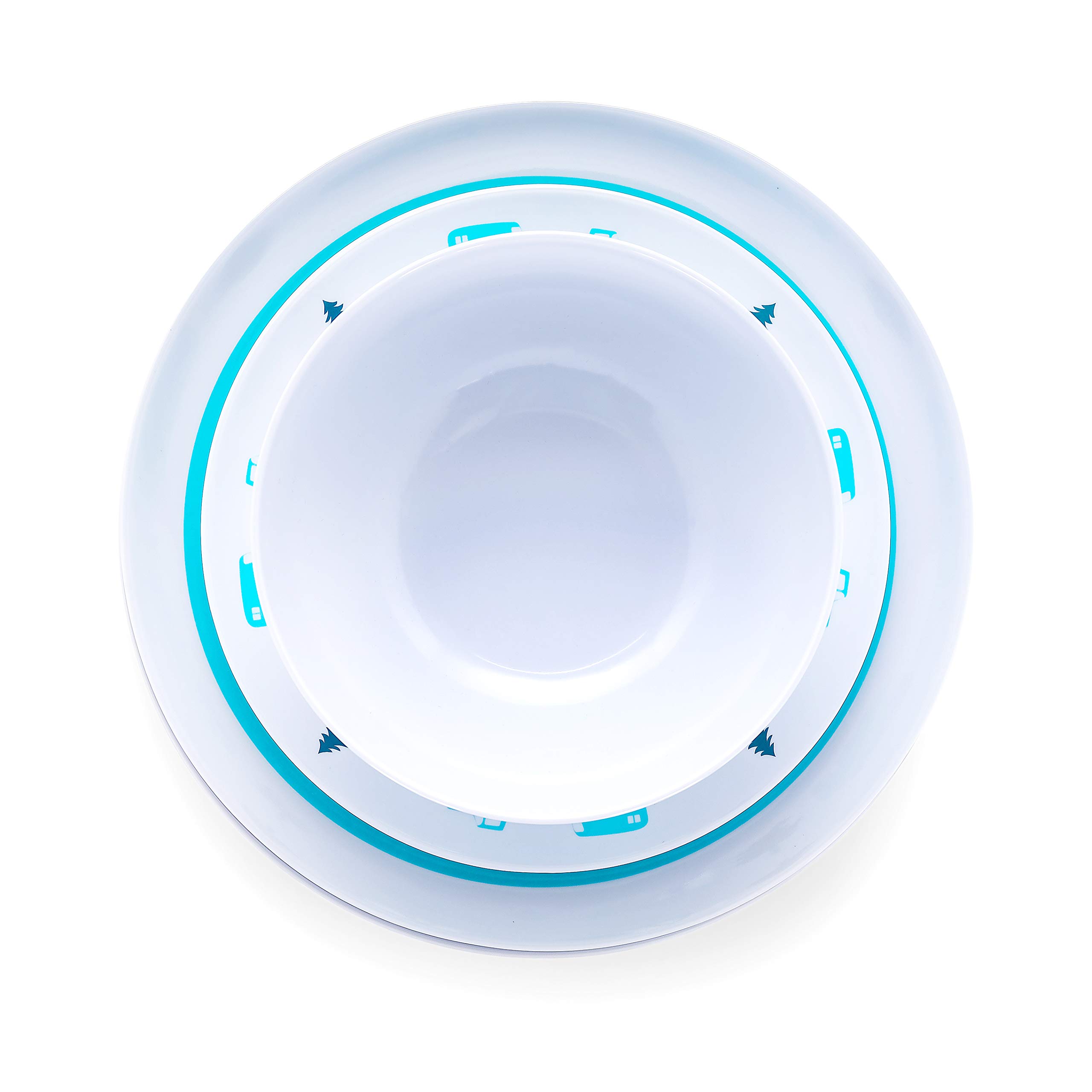 Camco Life is Better at The Campsite Dishware Set | Includes (4) Large Dinner Plates, (4) Small Salad Plates and (4) Bowls | Top Rack Dishwasher Safe | Blue Tree and Truck Design (53294)