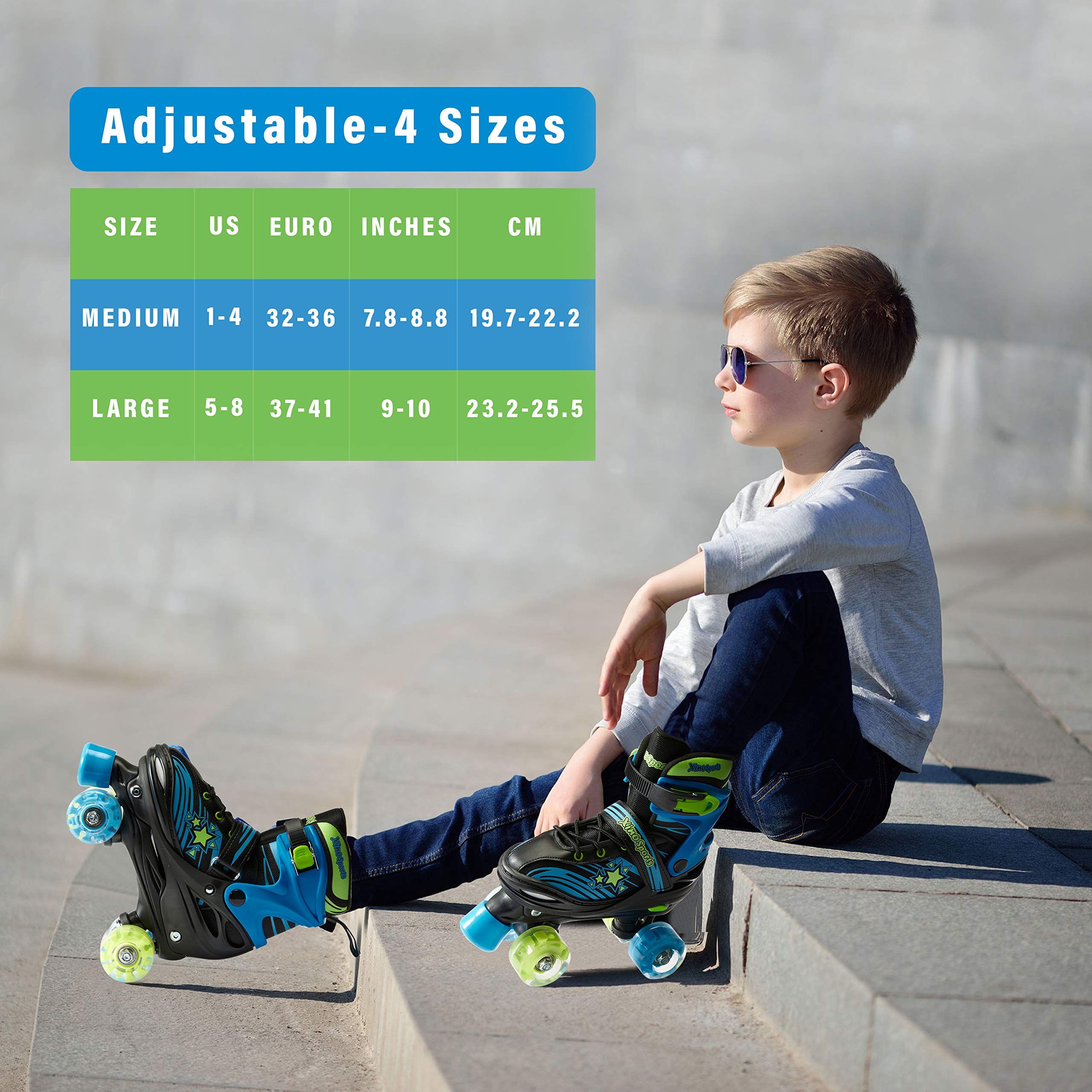 Xino Sports Kids Roller Skates for Boys & Girls - Light Up Wheels (Ages 5-20) - Adjustable Roller Skates with Illuminating Wheels (Black, Large 5-8)