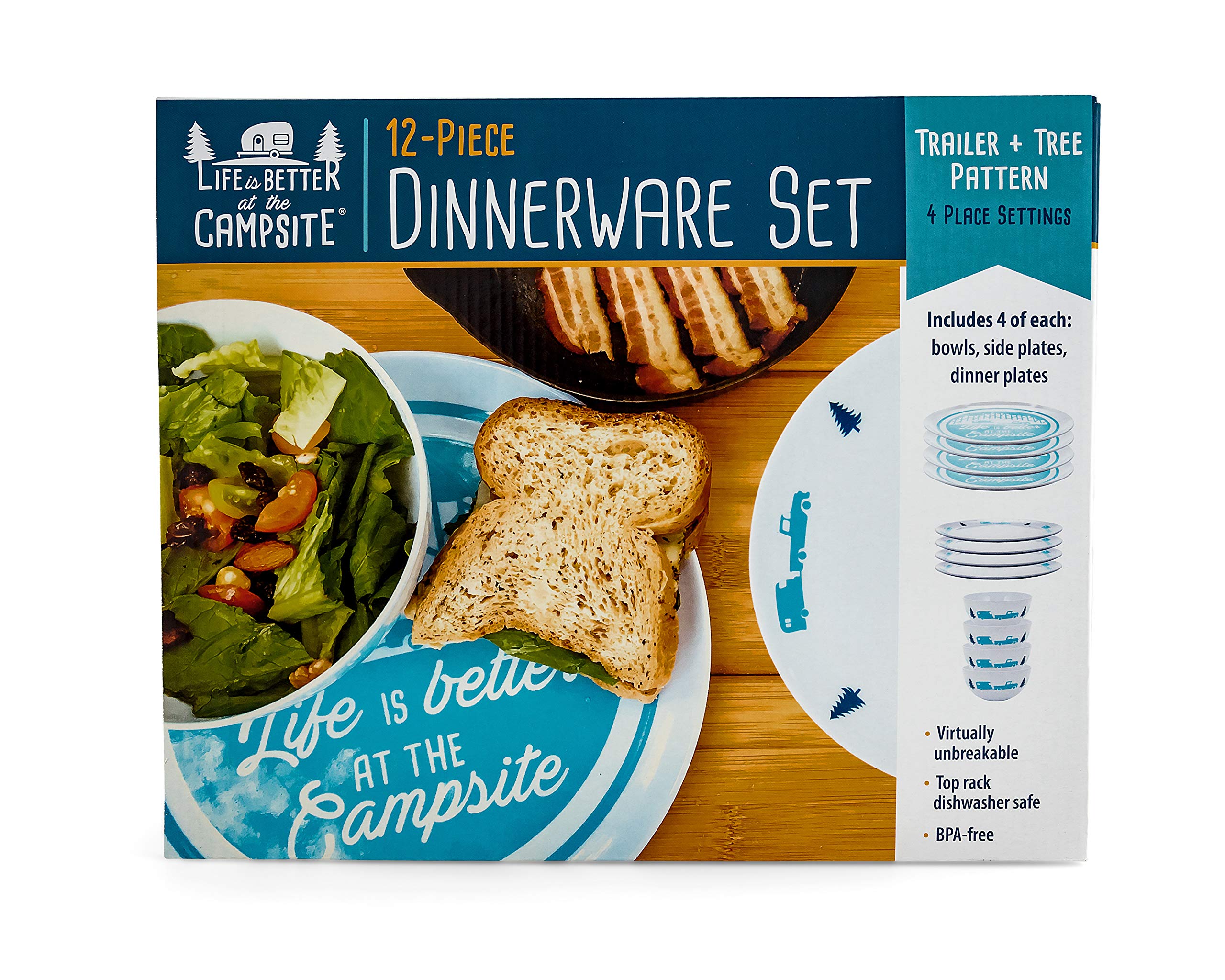 Camco Life is Better at The Campsite Dishware Set | Includes (4) Large Dinner Plates, (4) Small Salad Plates and (4) Bowls | Top Rack Dishwasher Safe | Blue Tree and Truck Design (53294)