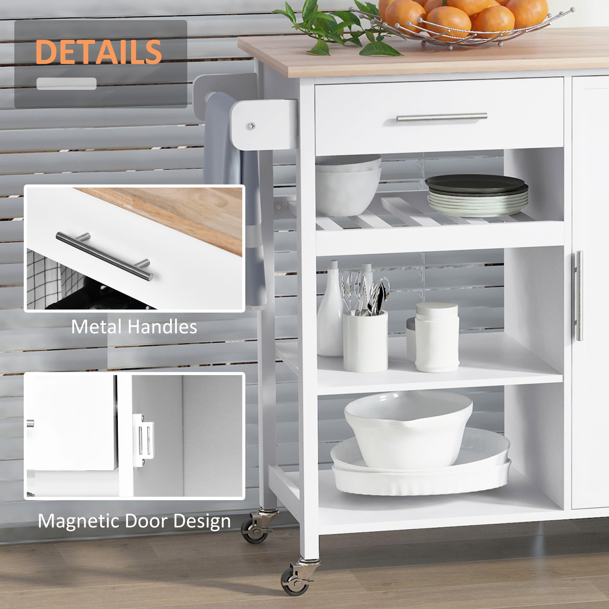 HOMCOM Rolling Kitchen Island with Storage, Kitchen Cart with Solid Wood Countertop, Drawer, Adjustable Shelf and Wine Rack, White