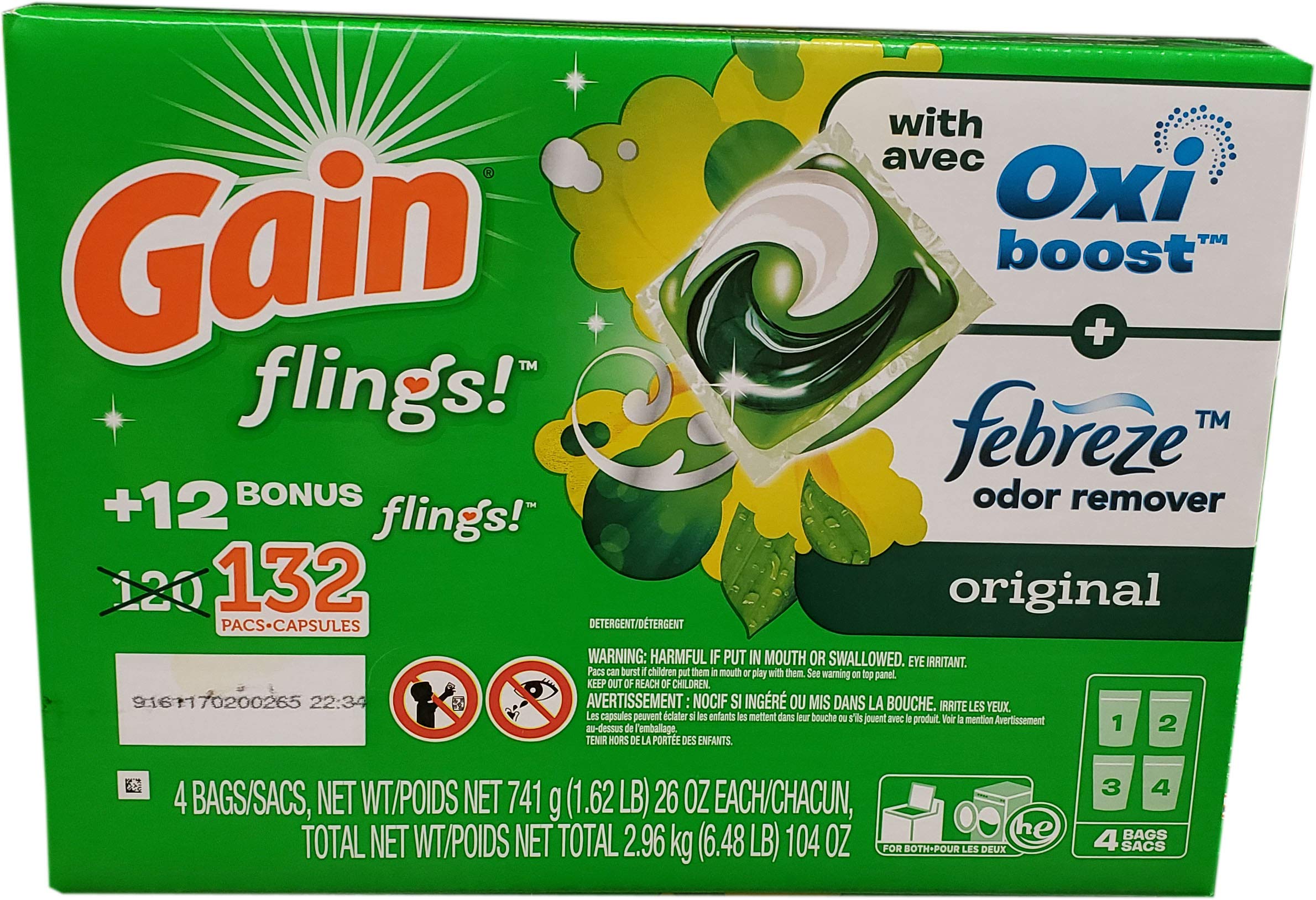 Orgain GAIN Flings! Original Scent Liquid Laundry Detergent Pacs, 132 ct.,, 132Count