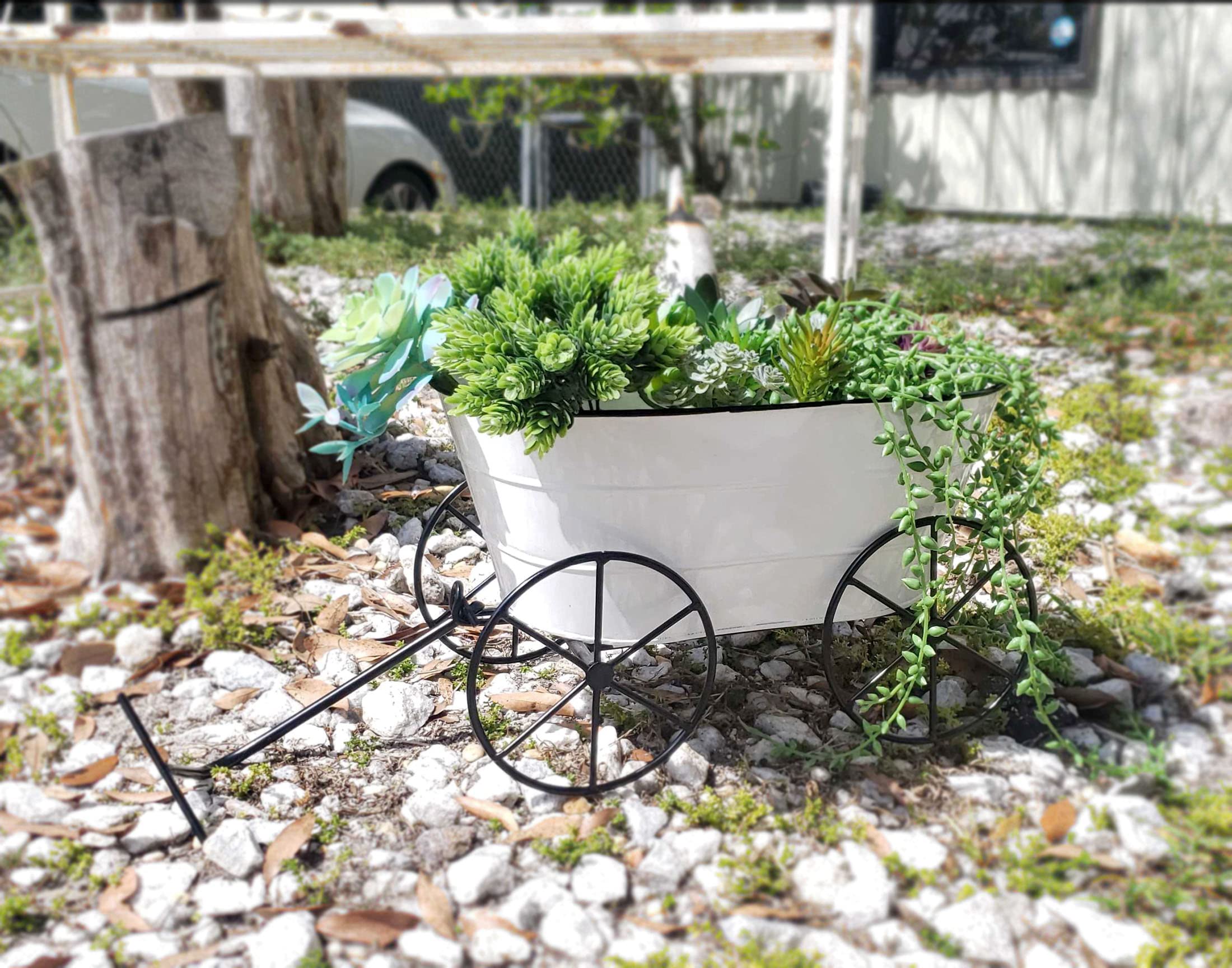 Zeckos Charming White Enamelware Metal Farmhouse Style Decorative Wagon Garden Planter - Rustic Elegance for Gardens, Patios and Porches - Indoor/Outdoor - 19.5 Inches Long