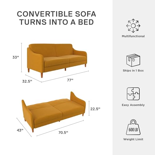 DHP Jasper 77 Inch Futon Sofa Bed, Modern Upholstered Couch Sleeper with Sloped Arms, Mustard