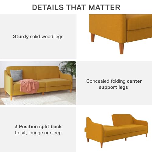 DHP Jasper 77 Inch Futon Sofa Bed, Modern Upholstered Couch Sleeper with Sloped Arms, Mustard