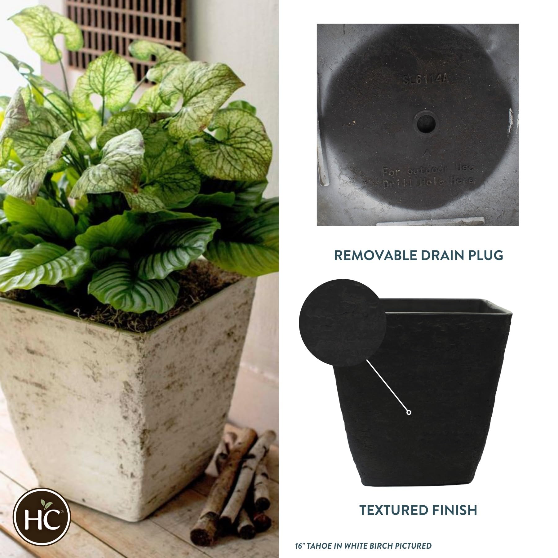 The HC Companies 16 Inch Tall Tahoe Square Planter - Premium Decorative Planter Made from Crushed Stone Resin for Indoor Outdoor Use, Slate