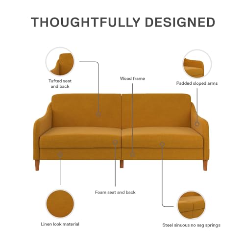 DHP Jasper 77 Inch Futon Sofa Bed, Modern Upholstered Couch Sleeper with Sloped Arms, Mustard