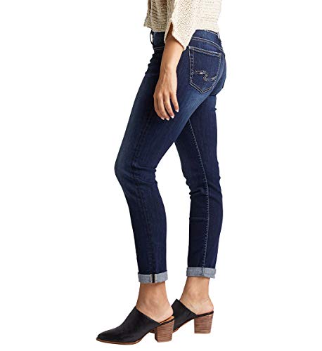 Silver Jeans Co. Women's Boyfriend Mid Rise Slim Leg Jeans, Deep Dark Indigo Wash, 36W x 29L