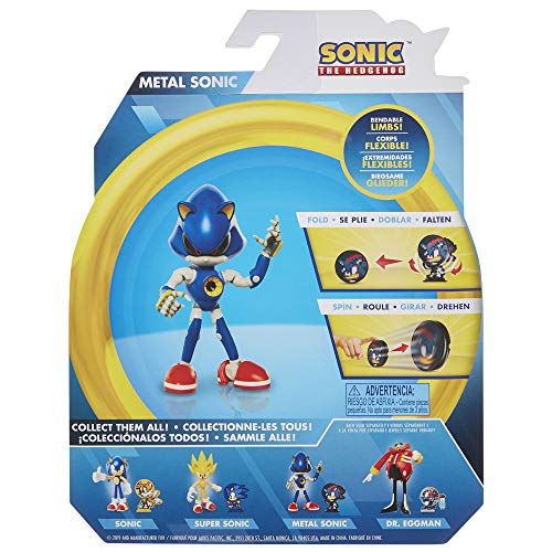 Sonic The Hedgehog Collectible Metal Sonic 4" Bendable Flexible Action Figure with Bendable Limbs & Spinable Friend Disk Accessory Perfect for Kids & Collectors Alike for Ages 3+