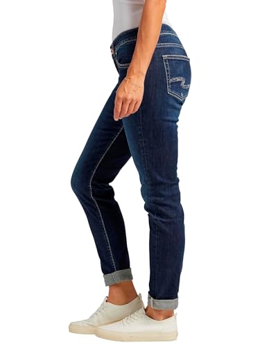 Silver Jeans Co. Women's Boyfriend Mid Rise Slim Leg Jeans, Deep Dark Indigo Wash, 36W x 29L