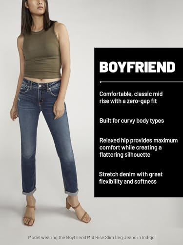 Silver Jeans Co. Women's Boyfriend Mid Rise Slim Leg Jeans, Deep Dark Indigo Wash, 36W x 29L