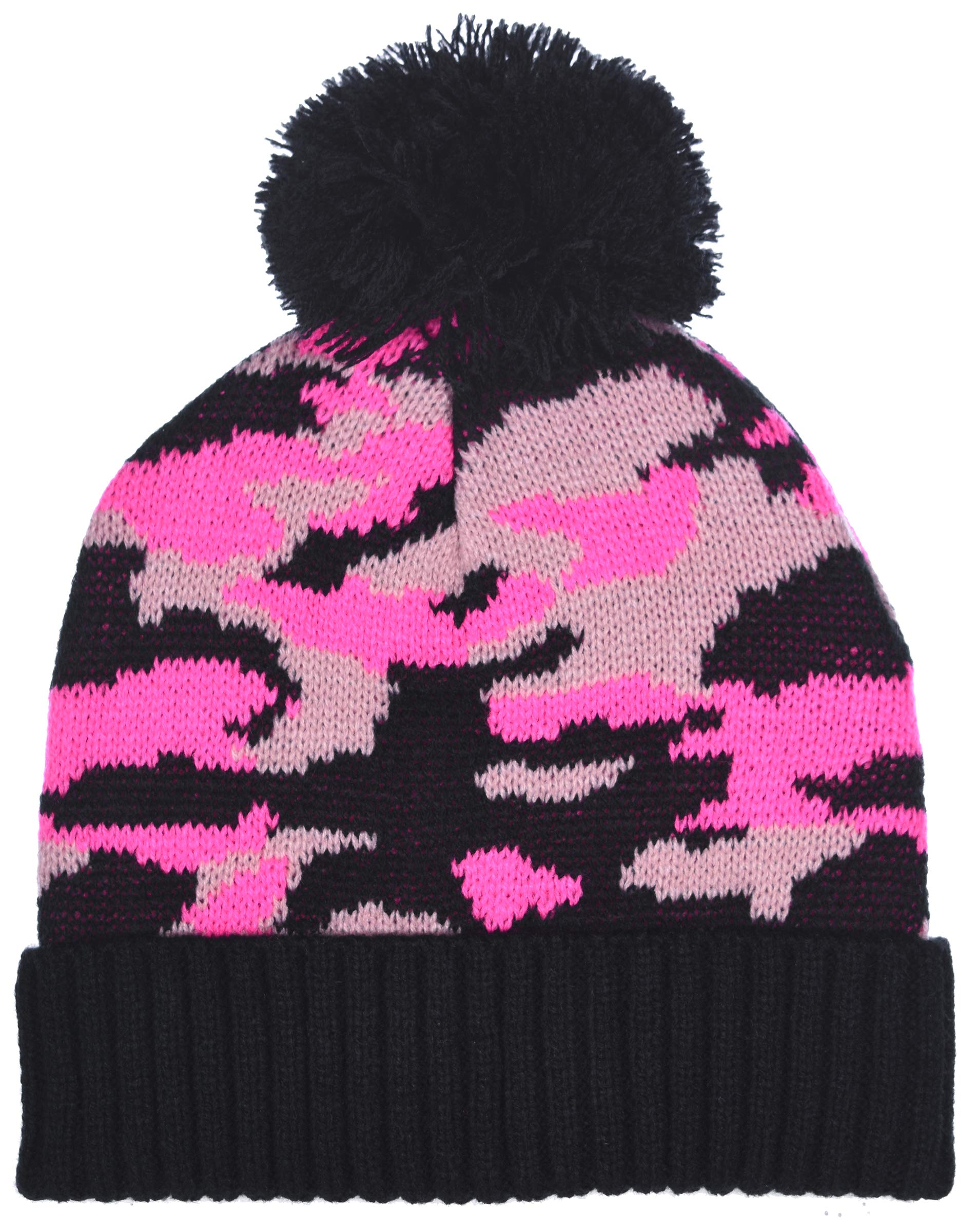 Polar Wear Girl's Digi-Camouflage Knit Hat & Gloves Set with Pom Pom Cap for Winter (Pink & Black Digi-Camouflage)