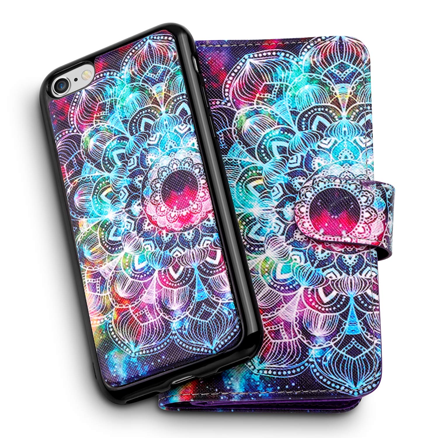 Vofolen 2-in-1 Case for iPhone 8 case iPhone 7 SE 2020 Wallet Card Holder Slot Detachable Strap Protective Slim Hard Shell Magnetic PU Leather Folio Pocket Flip Cover for iPhone 7 8 SE2 Mandala Purple