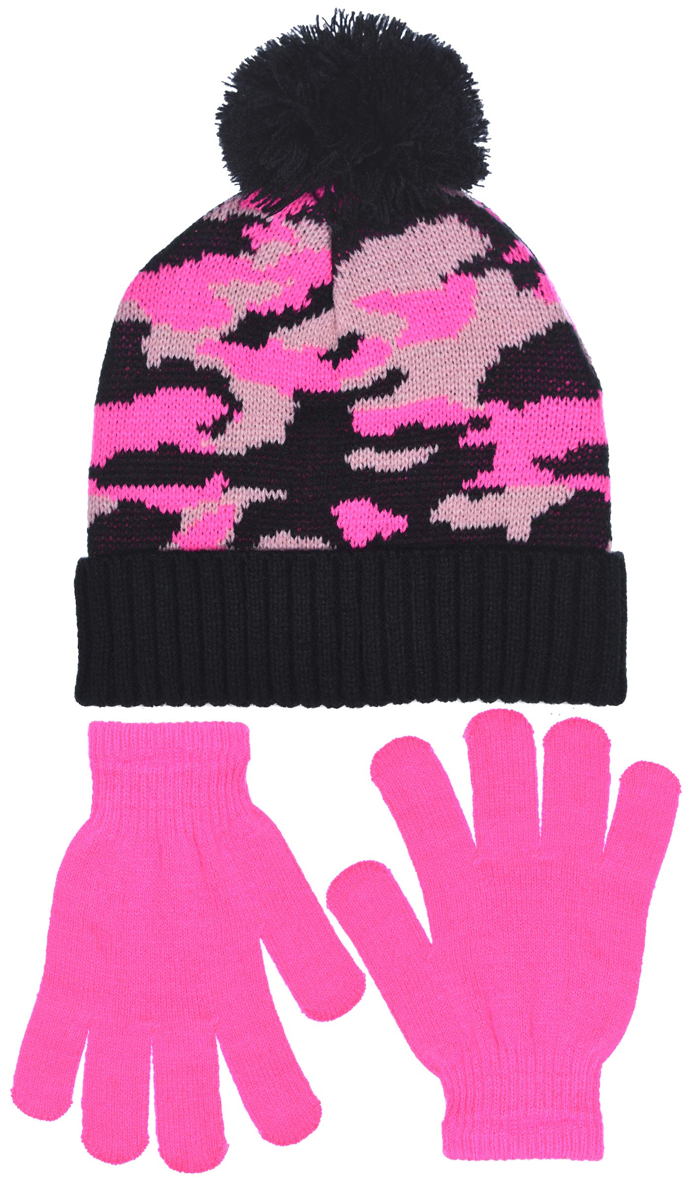Polar Wear Girl's Digi-Camouflage Knit Hat & Gloves Set with Pom Pom Cap for Winter (Pink & Black Digi-Camouflage)