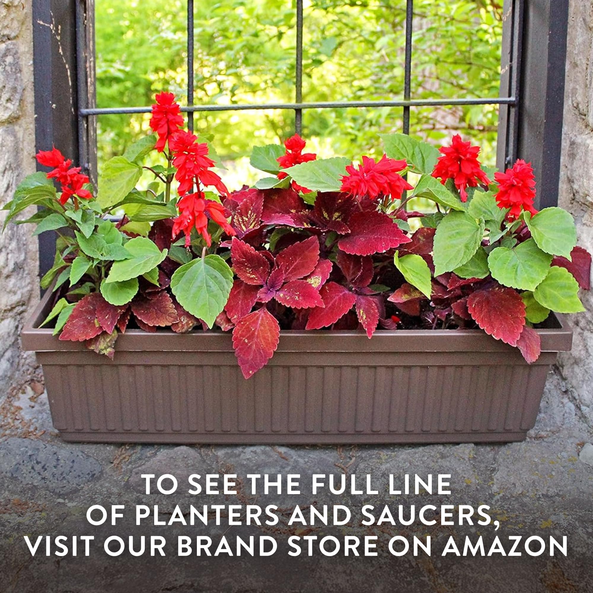 The HC Companies 30 Inch Venetian Rectangular Window Planter Box - Lightweight Plastic Indoor Outdoor Plant Pot with Drainage for Windowsill, Herbs, Flowers, Warm Gray