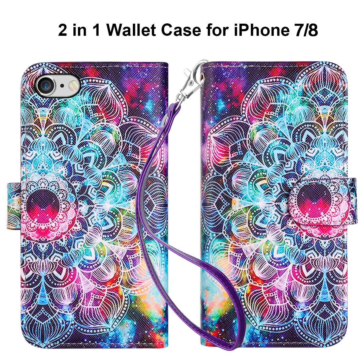 Vofolen 2-in-1 Case for iPhone 8 case iPhone 7 SE 2020 Wallet Card Holder Slot Detachable Strap Protective Slim Hard Shell Magnetic PU Leather Folio Pocket Flip Cover for iPhone 7 8 SE2 Mandala Purple