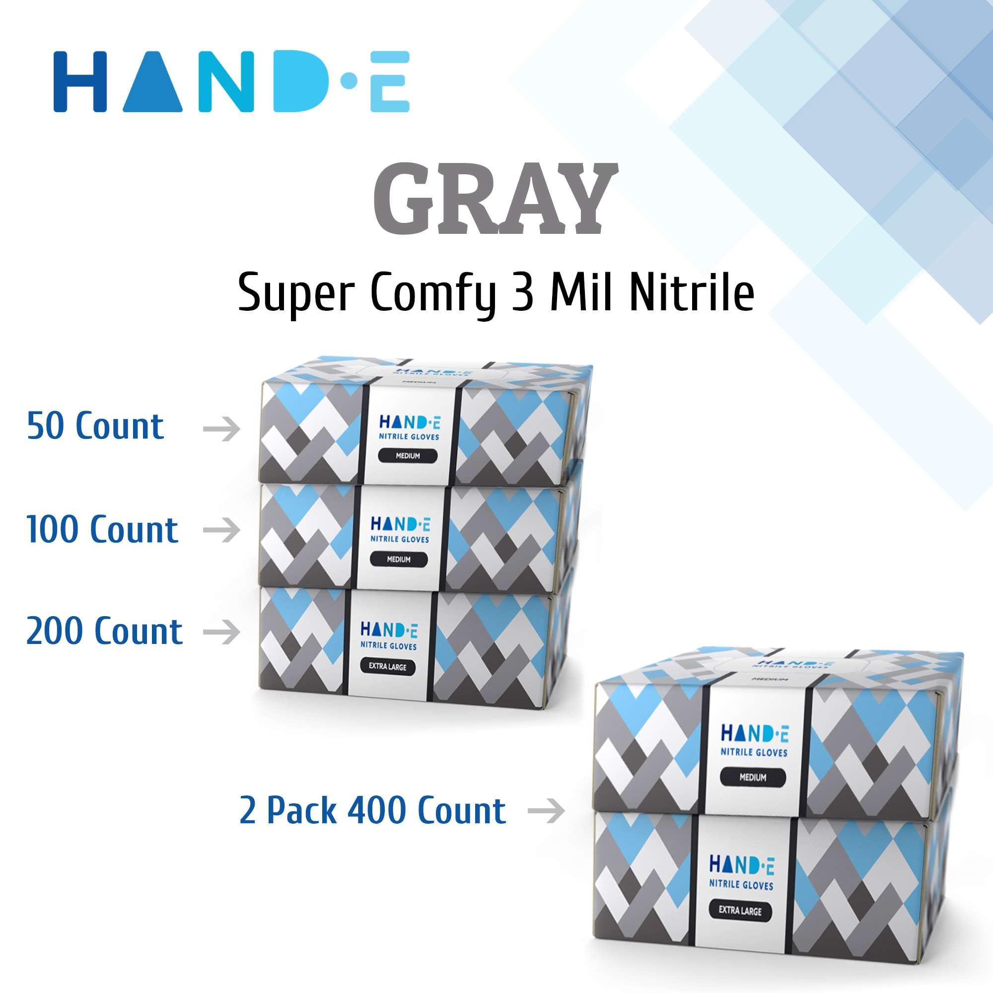 Hand-E Touch Disposable Grey Nitrile Gloves Large - 400 Count - Powder Free, Latex Free Medical Exam Gloves With Textured Grip Fingertips - Cleaning, Salon, Painting, Kitchen