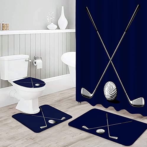 LiDU Golf Club 4 Pcs Shower Curtain Set, 36" x 72" Waterproof Shower Curtains with 12 Hooks, Golf Sport Navy Blue Modern Abstract Art Bathroom Sets with Shower Curtain and Rugs