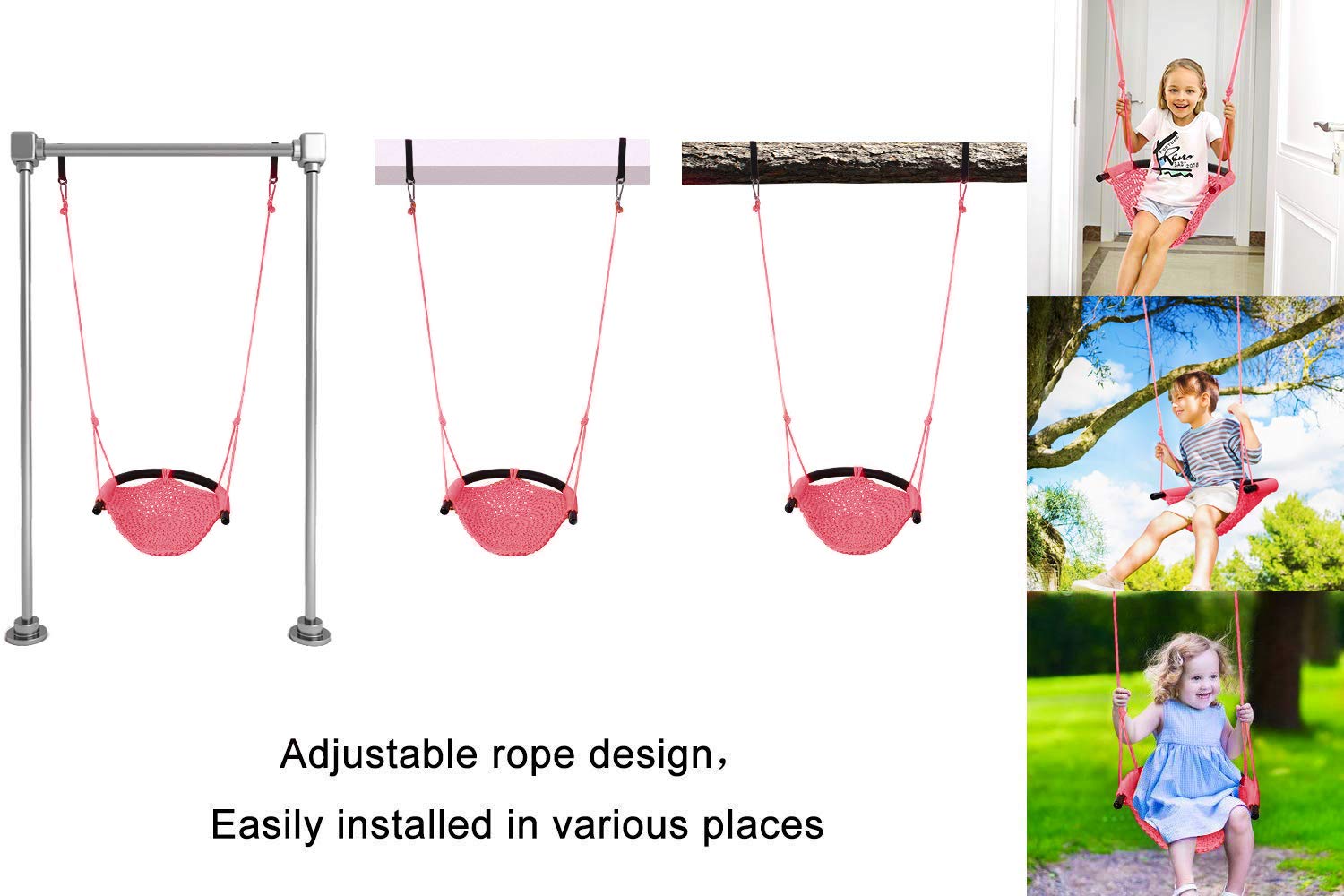 JKsmart Swing Seat for Kids Heavy Duty Rope Play Secure Children Swing Set,Perfect for Indoor,Outdoor,Playground,Home,Tree,with Snap Hooks and Swing Straps,440 lbs Capacity,Pink