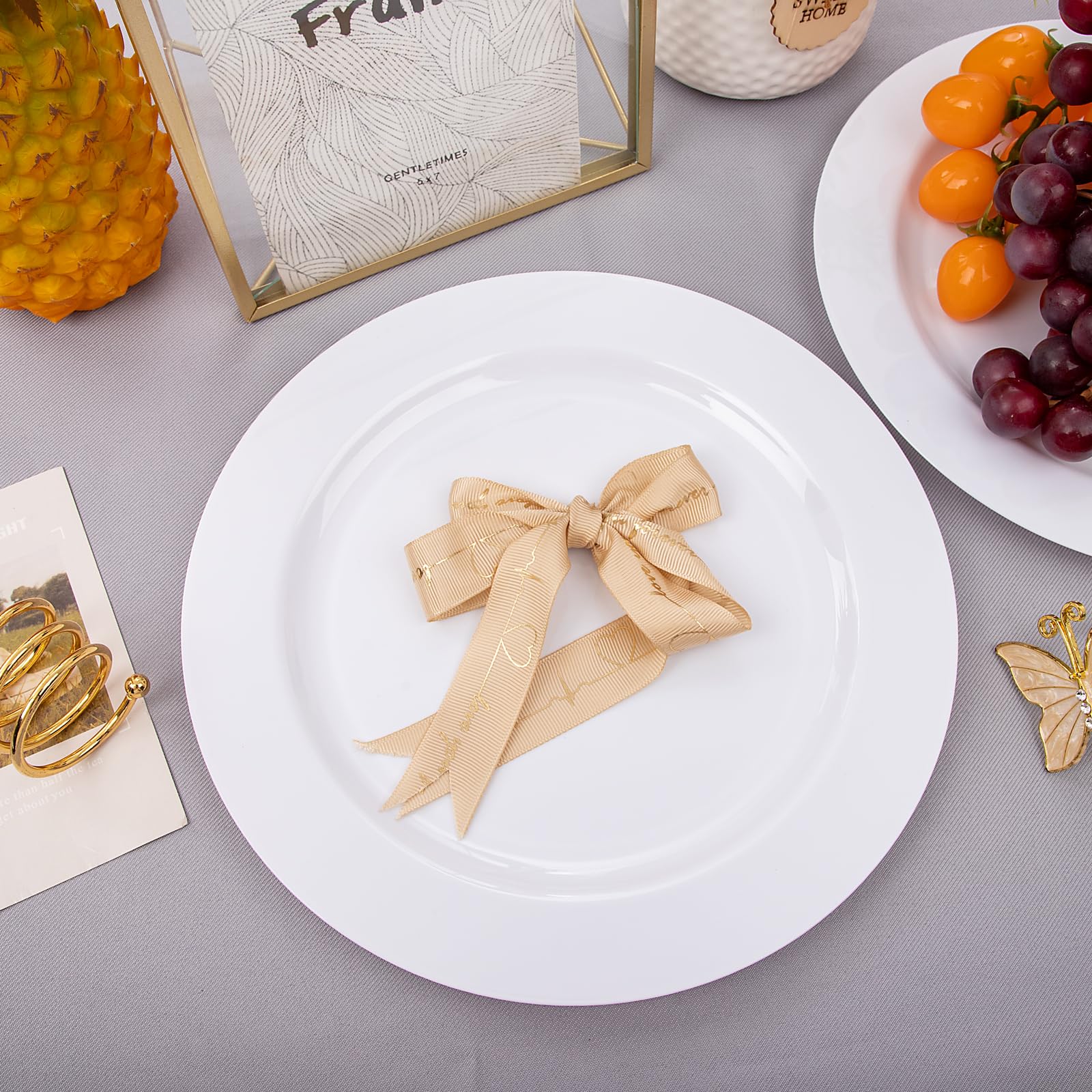 I00000 50Pcs White Plastic Dinner Plates 10.25 Inch, Premium Disposable Party Plates, Safe and Reusable, Heavy Duty Plastic Plates Perfect for Wedding & Party