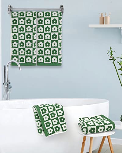 Hand Towels Checkered Floral - Set of 4 Soft Face Towels for Bathroom, Large Size 13β x 29β, Dark Olive Green