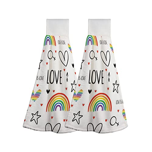 Kitchen Hanging Hand Towels Love is Love Pride Month Bathroom Soft Hanging Tie Towel with Loop Super Absorbent Machine Washable,2 Pack
