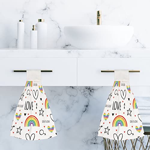 Kitchen Hanging Hand Towels Love is Love Pride Month Bathroom Soft Hanging Tie Towel with Loop Super Absorbent Machine Washable,2 Pack