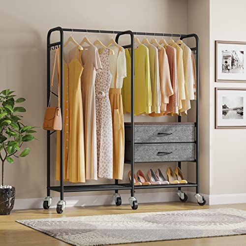 Timate P4 Rolling Clothes Rack for Hanging Clothes Portable Freestanding Garment Rack with Lockable Wheels, Heavy Duty Clothing Rack with Storage Drawers hanging Rods side Hooks Wire Shelves, Black