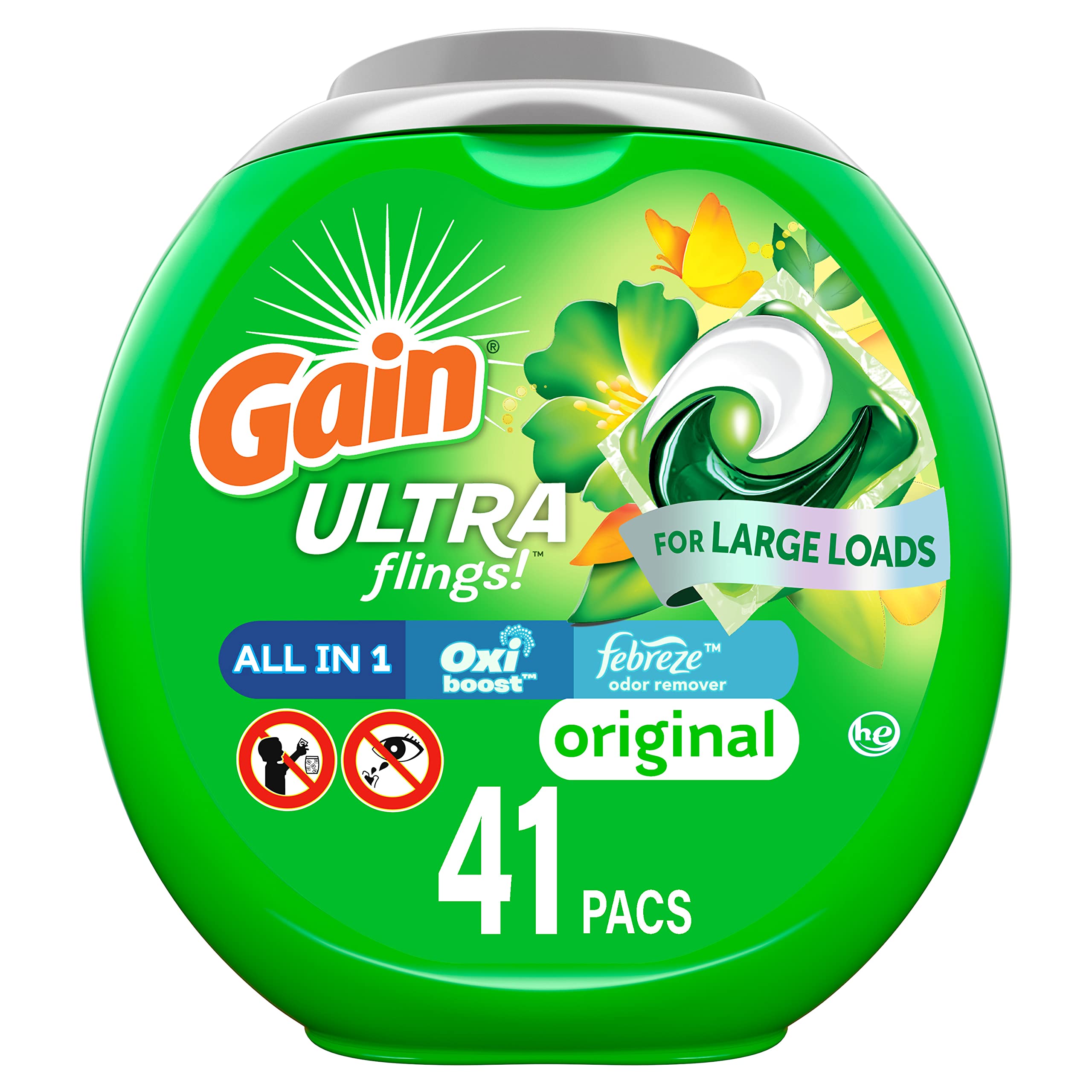 Gain Ultra Flings Liquid Laundry Detergent Pacs Designed for Large Loads, Original Scent, 41 Count