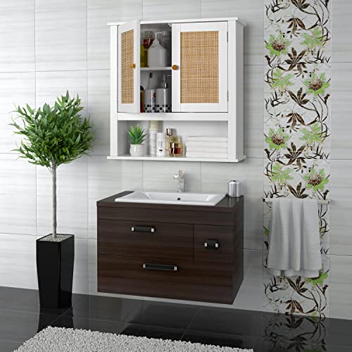 Finnhomy Bathroom Cabinet Wall Mounted, Bathroom Wall Cabinet with 2 Hand Made Rattan Doors and Adjustable Shelves, Over The Toilet Storage Cabinet, Medicine Cabinet for Bathroom Kitchen Laundry Room