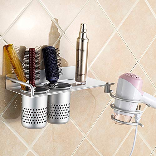 Cavoli Hair Blow Dryer Holder Wall Mounted,Space Aluminum, Nail Free Glue/ Drilling Screw, Bathroom Hanging Rack Organizer with 2 Cups