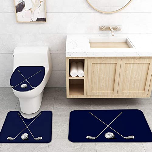 LiDU Golf Club 4 Pcs Shower Curtain Set, 36" x 72" Waterproof Shower Curtains with 12 Hooks, Golf Sport Navy Blue Modern Abstract Art Bathroom Sets with Shower Curtain and Rugs