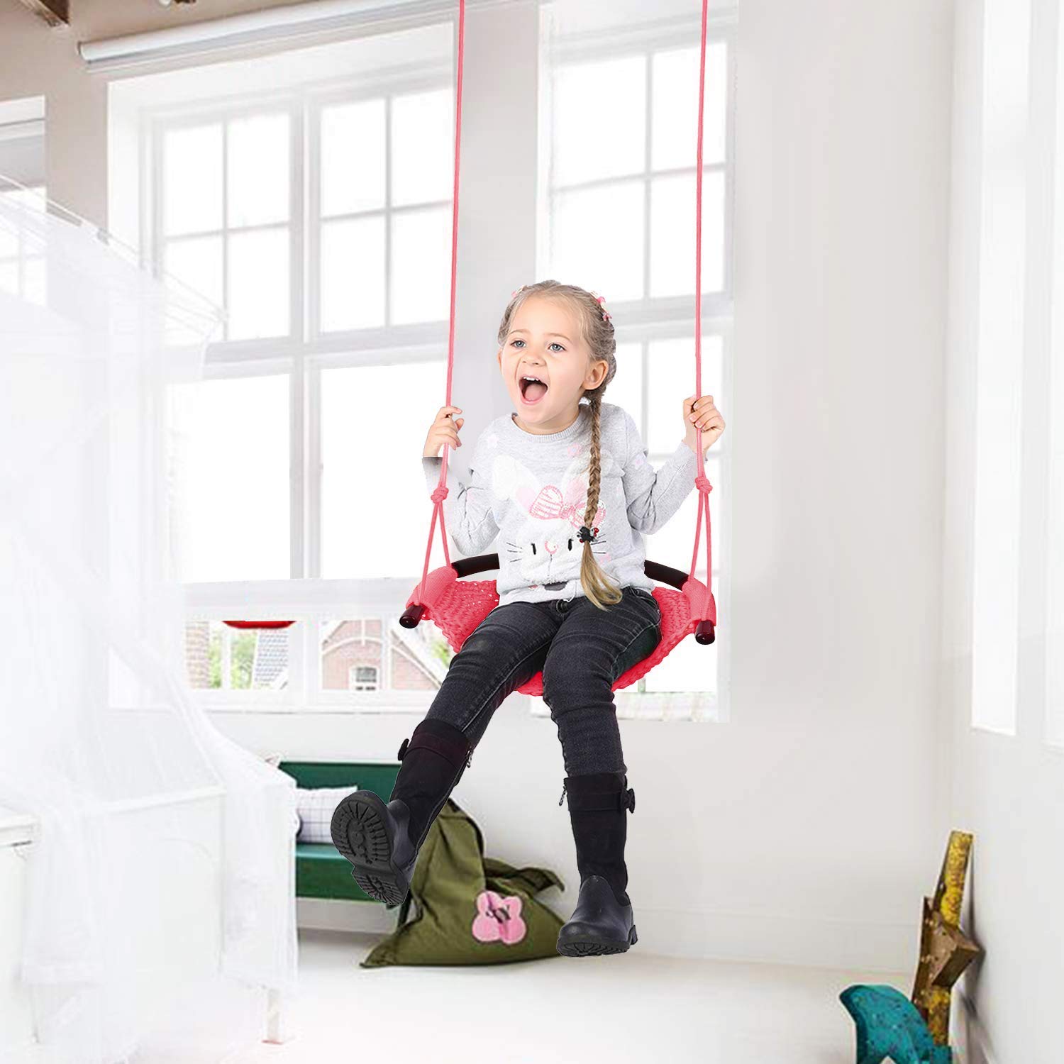 JKsmart Swing Seat for Kids Heavy Duty Rope Play Secure Children Swing Set,Perfect for Indoor,Outdoor,Playground,Home,Tree,with Snap Hooks and Swing Straps,440 lbs Capacity,Pink