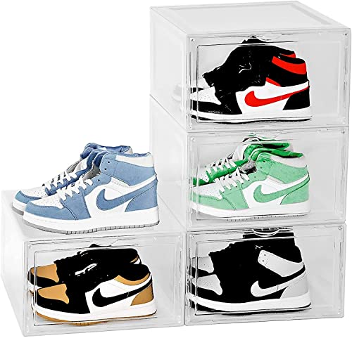 Shoe Storage Box, Free Installation Large Acrylic Shoe Storage Boxes Clear , Stackable Shoe Organizer for Closet , Shoe Containers 4 Pack Fit up to US Size 14 for Men/Women(14.2’’x 11”x 8.3”)