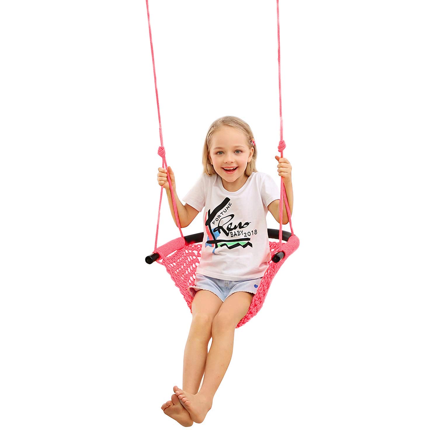 JKsmart Swing Seat for Kids Heavy Duty Rope Play Secure Children Swing Set,Perfect for Indoor,Outdoor,Playground,Home,Tree,with Snap Hooks and Swing Straps,440 lbs Capacity,Pink