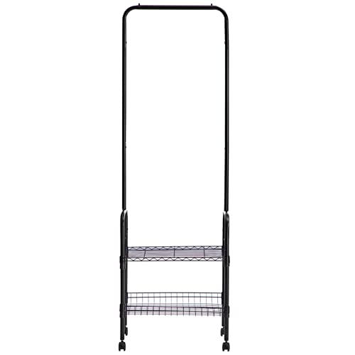 MATICO 2-in-1 Metal Garment Rack with Clothes Hanger, 2 Tier Wire Coat Storage Organizers Laundry Holders with 1 Metal Shelf and 1 Basket for Home and Dormitory, Black