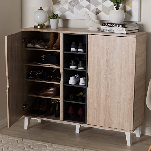 Baxton Studio Adelina Mid-Century Modern 2-Door Oak and Grey Wood Shoe Cabinet Mid-Century/Light Brown/Gray/Particle Board/MDF with PU Paper/