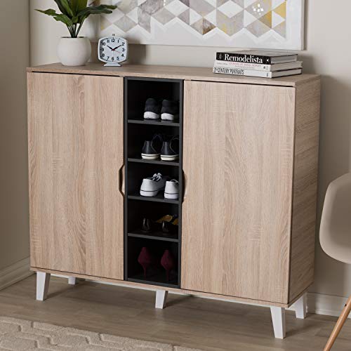 Baxton Studio Adelina Mid-Century Modern 2-Door Oak and Grey Wood Shoe Cabinet Mid-Century/Light Brown/Gray/Particle Board/MDF with PU Paper/