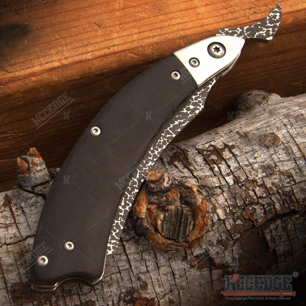 KCCEDGE BEST CUTLERY SOURCE EDC Pocket Knife Camping Accessories Razor Sharp Edge Folding Knife Camping Gear Survival Kit 57864 (Black Damascus Etched)