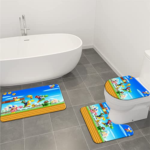 Misteyoo Game On Cartoon 4 PCS Shower Curtain Set Non-Slip Carpet Toilet Seat Cover and Bath Mat Durable Waterproof Bathroom Decoration Set for Home Hotel Bath Accessories