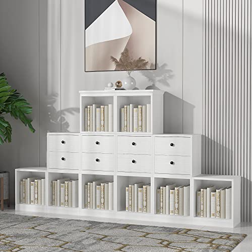 FUSUNBAO Magic DIY Cube Storage Organizer Stackable Cubles for Home Books Clothes Toy -Modular Cubby Storage System -Office Cubical -Bookcase Closet Wine Rack Cabinet (Pure White-Washed, Drawer Cube)