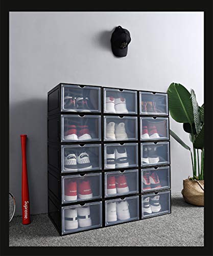 stackable sports shoe box, rear-opening magnetic door shoe box,Transparent Shoe Storage Container , large sturdy storage box | Family organization and storage (black, 4Piece)