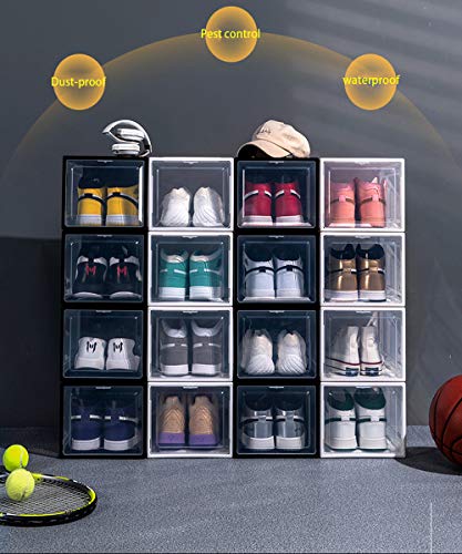 stackable sports shoe box, rear-opening magnetic door shoe box,Transparent Shoe Storage Container , large sturdy storage box | Family organization and storage (black, 4Piece)