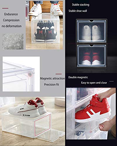 stackable sports shoe box, rear-opening magnetic door shoe box,Transparent Shoe Storage Container , large sturdy storage box | Family organization and storage (black, 4Piece)