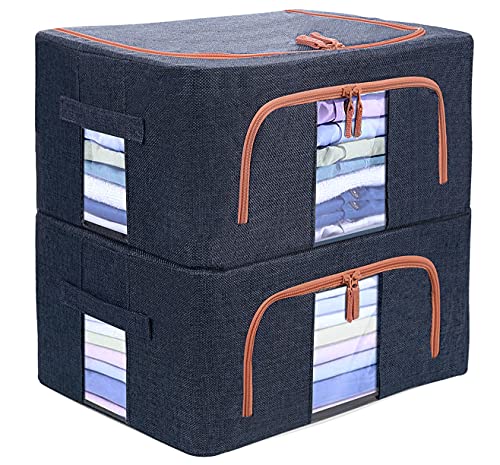 Clothes Storage Bin Boxes, 2 Pack Foldable Clothes Storage Boxes, Stackable Frame Storage Bins Boxes, Fabric Linen Clothes Storage Organzier for Clothes, Blankets, Bedrooms (15.7 x 12 x 7.9inch)